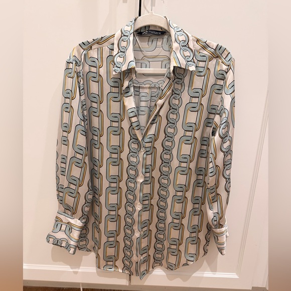 Zara | Tops | Zara Womens Chain Pattern Blouse In Cream And Blue | Poshmark